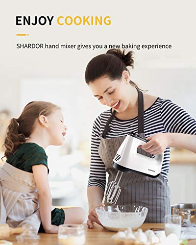 SHARDOR Hand Mixer Electric, 6 Speed & Turbo Handheld Mixer with 5 Stainless Steel Accessories, Electic Mixer for Whipping, Mixing Cookies, Brownie, Cakes, Dough Batters, Snap-On Storage Case, White