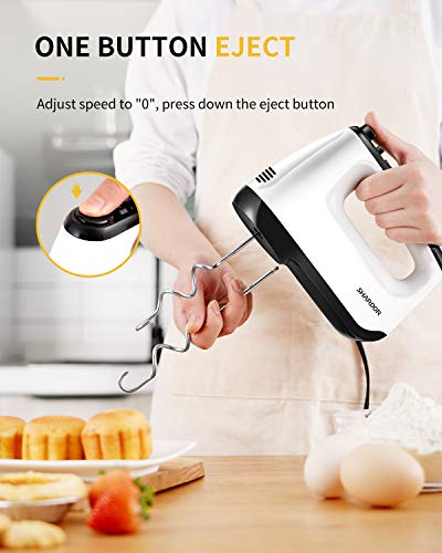 SHARDOR Hand Mixer Electric, 6 Speed & Turbo Handheld Mixer with 5 Stainless Steel Accessories, Electic Mixer for Whipping, Mixing Cookies, Brownie, Cakes, Dough Batters, Snap-On Storage Case, White