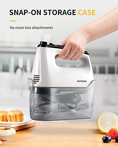 SHARDOR Hand Mixer Electric, 6 Speed & Turbo Handheld Mixer with 5 Stainless Steel Accessories, Electic Mixer for Whipping, Mixing Cookies, Brownie, Cakes, Dough Batters, Snap-On Storage Case, White