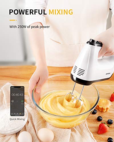 SHARDOR Hand Mixer Electric, 6 Speed & Turbo Handheld Mixer with 5 Stainless Steel Accessories, Electic Mixer for Whipping, Mixing Cookies, Brownie, Cakes, Dough Batters, Snap-On Storage Case, White