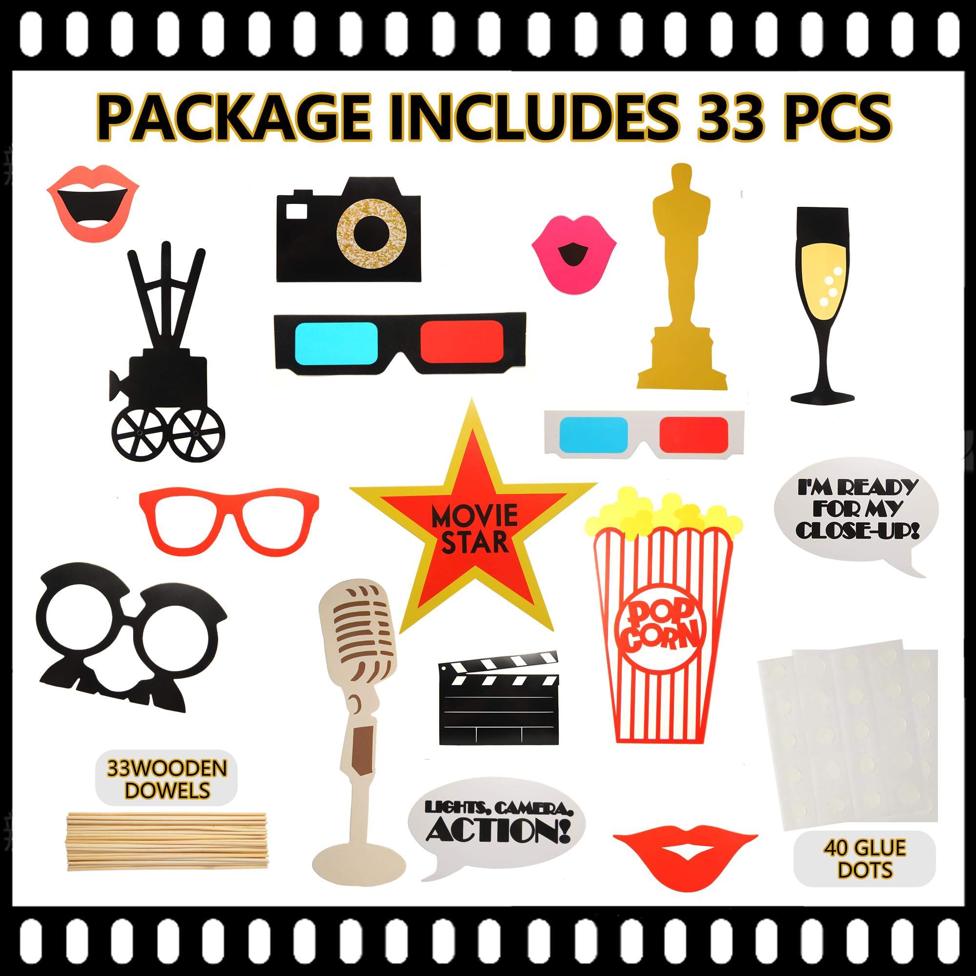 LASLU Movie - Hollywood Party Photo Booth Props Kit - 33 Count