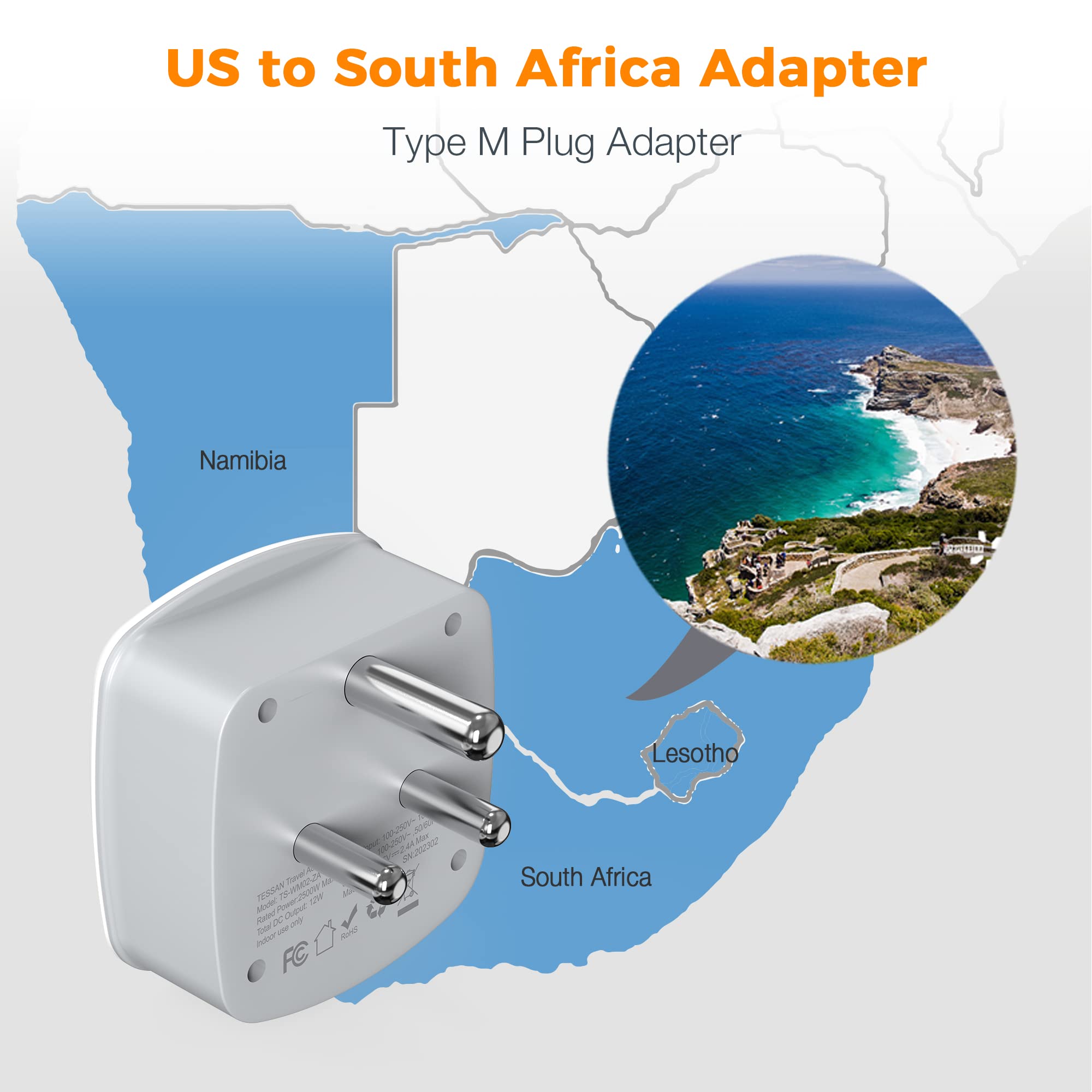 TESSAN South Africa Power Adapter, Type M Travel Adaptor Plug with 2 USB Charger 2 AC Outlets Converter, US to Bhutan, Botswana, India, Israel Namibia Nepal Pakistan
