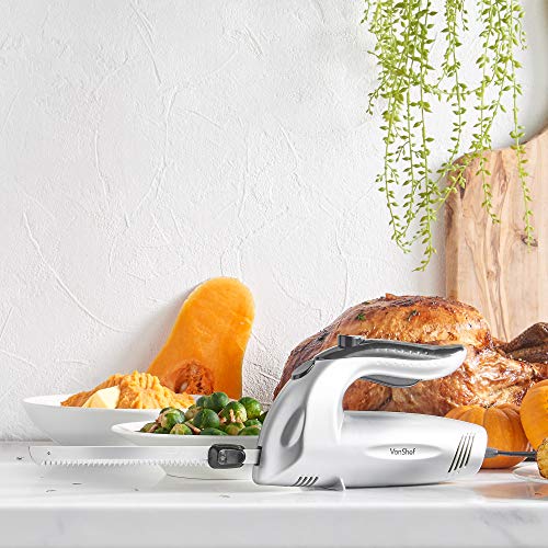VonShef Electric Knife 10 Inch β Serrated Carving Knife Set with Storage Case β Interchangeable Stainless Steel Blades β For Turkey, Meat, Bread, Vegetables, Fruit - 150W