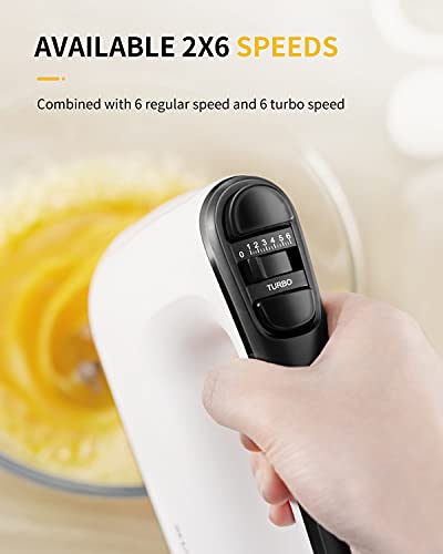 SHARDOR Hand Mixer Electric, 6 Speed & Turbo Handheld Mixer with 5 Stainless Steel Accessories, Electic Mixer for Whipping, Mixing Cookies, Brownie, Cakes, Dough Batters, Snap-On Storage Case, White