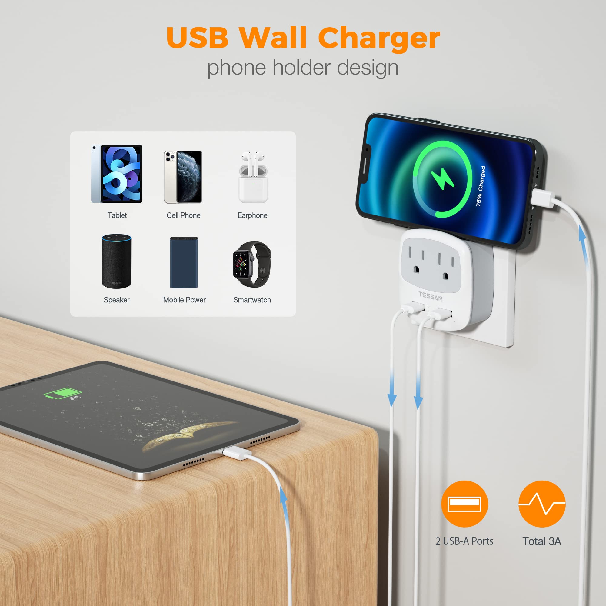 TESSAN South Africa Power Adapter, Type M Travel Adaptor Plug with 2 USB Charger 2 AC Outlets Converter, US to Bhutan, Botswana, India, Israel Namibia Nepal Pakistan
