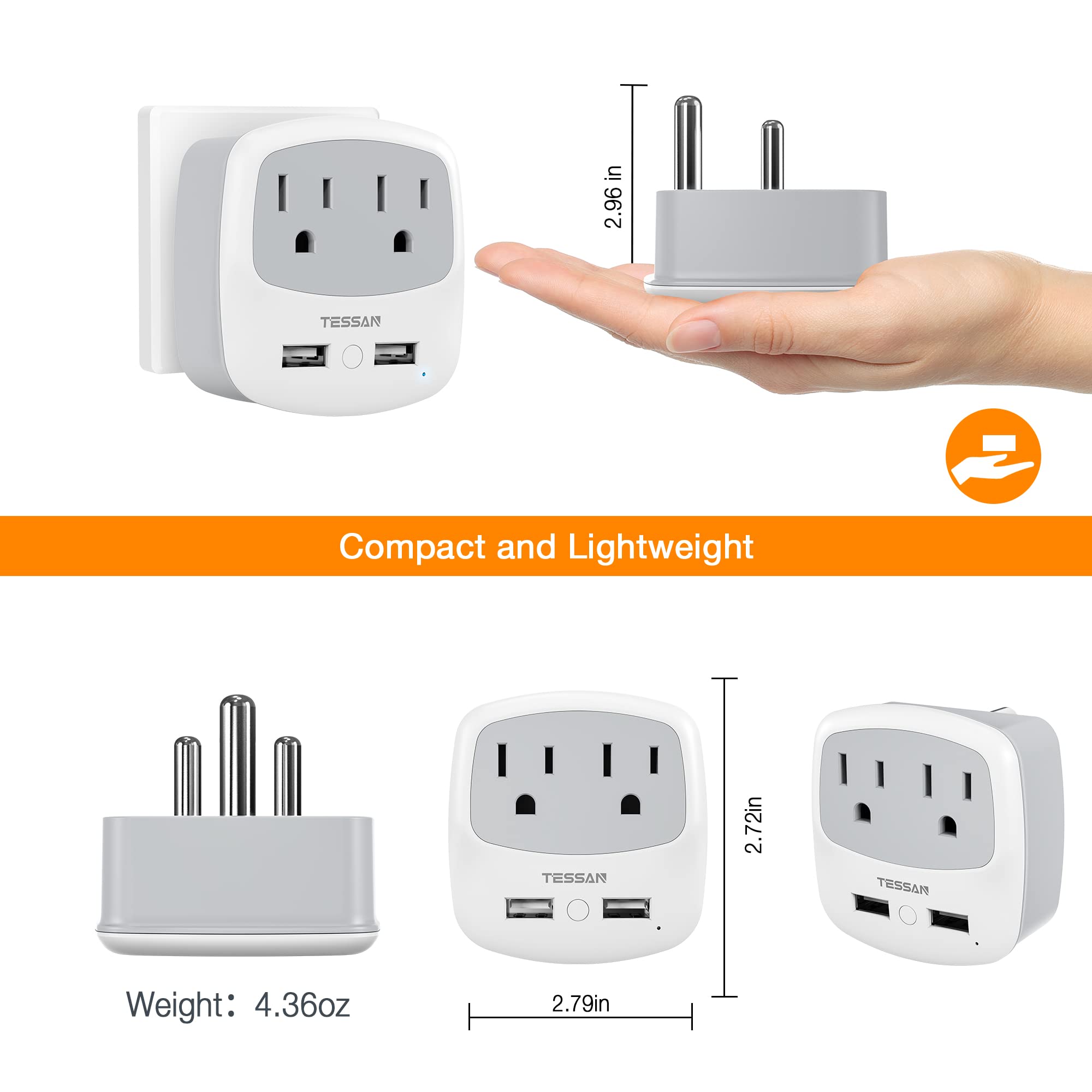 TESSAN South Africa Power Adapter, Type M Travel Adaptor Plug with 2 USB Charger 2 AC Outlets Converter, US to Bhutan, Botswana, India, Israel Namibia Nepal Pakistan