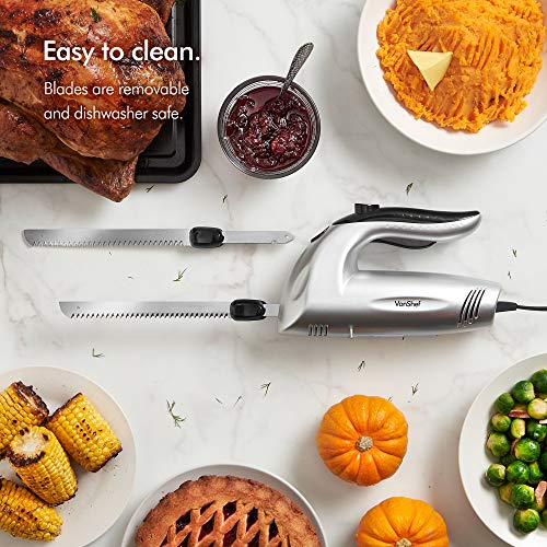 VonShef Electric Knife 10 Inch β Serrated Carving Knife Set with Storage Case β Interchangeable Stainless Steel Blades β For Turkey, Meat, Bread, Vegetables, Fruit - 150W