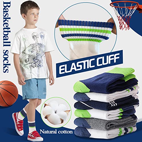 Welwoos Kids Boys Socks Athletic Sport Crew Cotton Breathable Soft Gift Socks 6 Pairs Stocking Stuffers (Splice/Green/White,9-15Y)