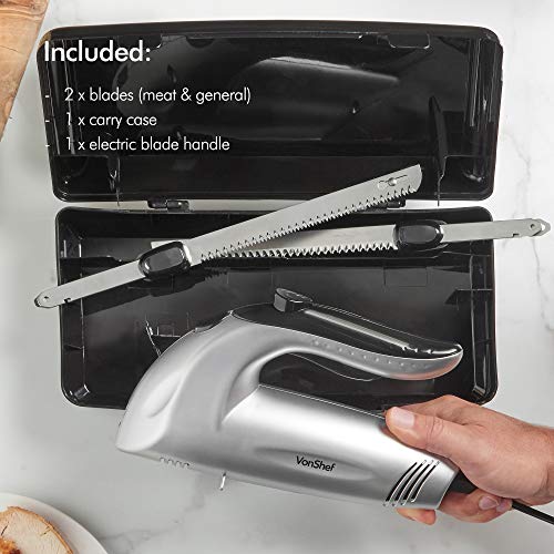 VonShef Electric Knife 10 Inch β Serrated Carving Knife Set with Storage Case β Interchangeable Stainless Steel Blades β For Turkey, Meat, Bread, Vegetables, Fruit - 150W