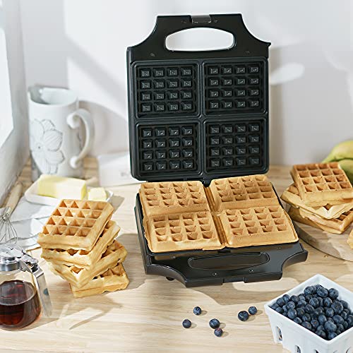 BELLA 4 Slice Non-Stick Belgian Waffle Maker, Fluffy Restaurant-Style Waffles in Under 6 Minutes, Quickly Makes 4 Large 4β x 4.5β & 1.2β Thick Waffles, Easily Wipe and Clean, Stainless Steel/Black