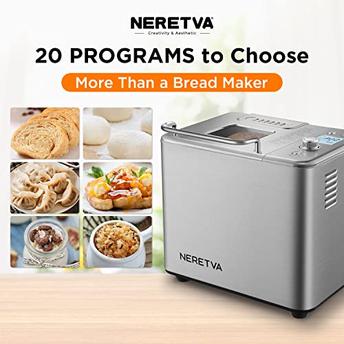 Neretva Bread Maker Machine , 20-in-1 2LB Automatic Breadmaker with Gluten Free Pizza Sourdough Setting, Digital, Programmable, 1 Hour Keep Warm, 2 Loaf Sizes, 3 Crust Colors - Receipe Booked Included (Sliver)