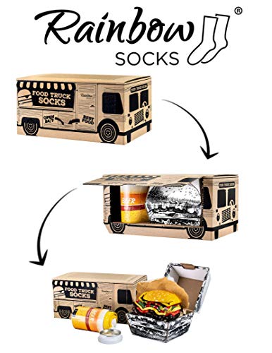 Rainbow Socks - Men Women Funny Food Truck Box - 3 Pairs - Burger Bier - Size US 5.5-9
