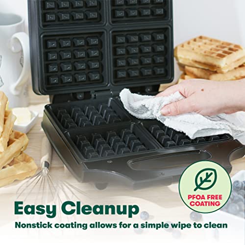 BELLA 4 Slice Non-Stick Belgian Waffle Maker, Fluffy Restaurant-Style Waffles in Under 6 Minutes, Quickly Makes 4 Large 4β x 4.5β & 1.2β Thick Waffles, Easily Wipe and Clean, Stainless Steel/Black