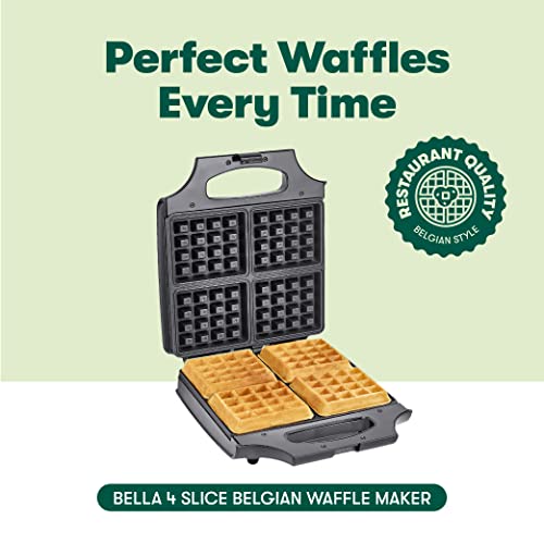 BELLA 4 Slice Non-Stick Belgian Waffle Maker, Fluffy Restaurant-Style Waffles in Under 6 Minutes, Quickly Makes 4 Large 4β x 4.5β & 1.2β Thick Waffles, Easily Wipe and Clean, Stainless Steel/Black