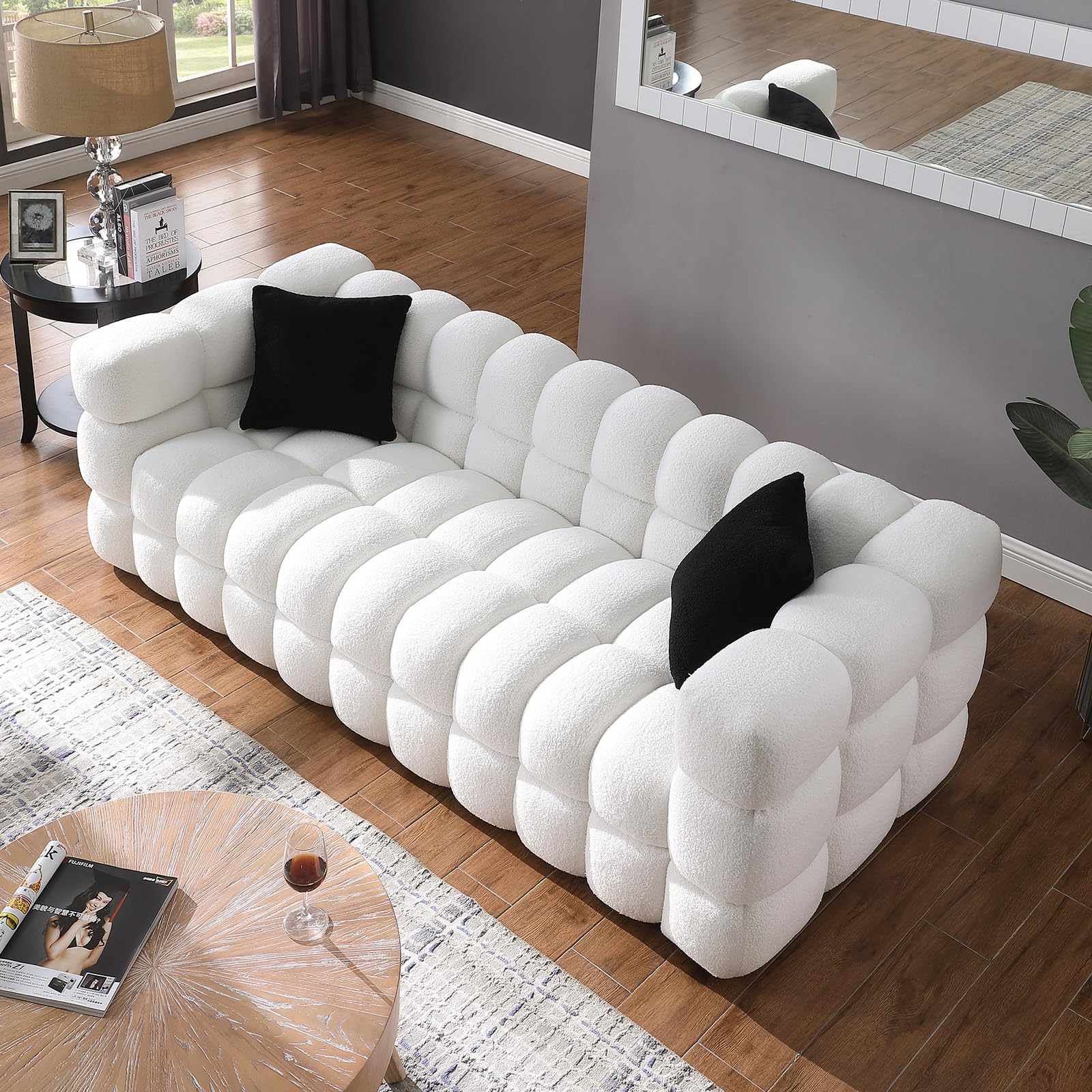84.3" Cloud Couch, Mid Century Sleeper Sofa Modern Marshmallow Boucle Sofa Fabric Couches for Living Room with Plastic Legs Upholstered Tufted 3 Seater Sofa with 2 Pillows