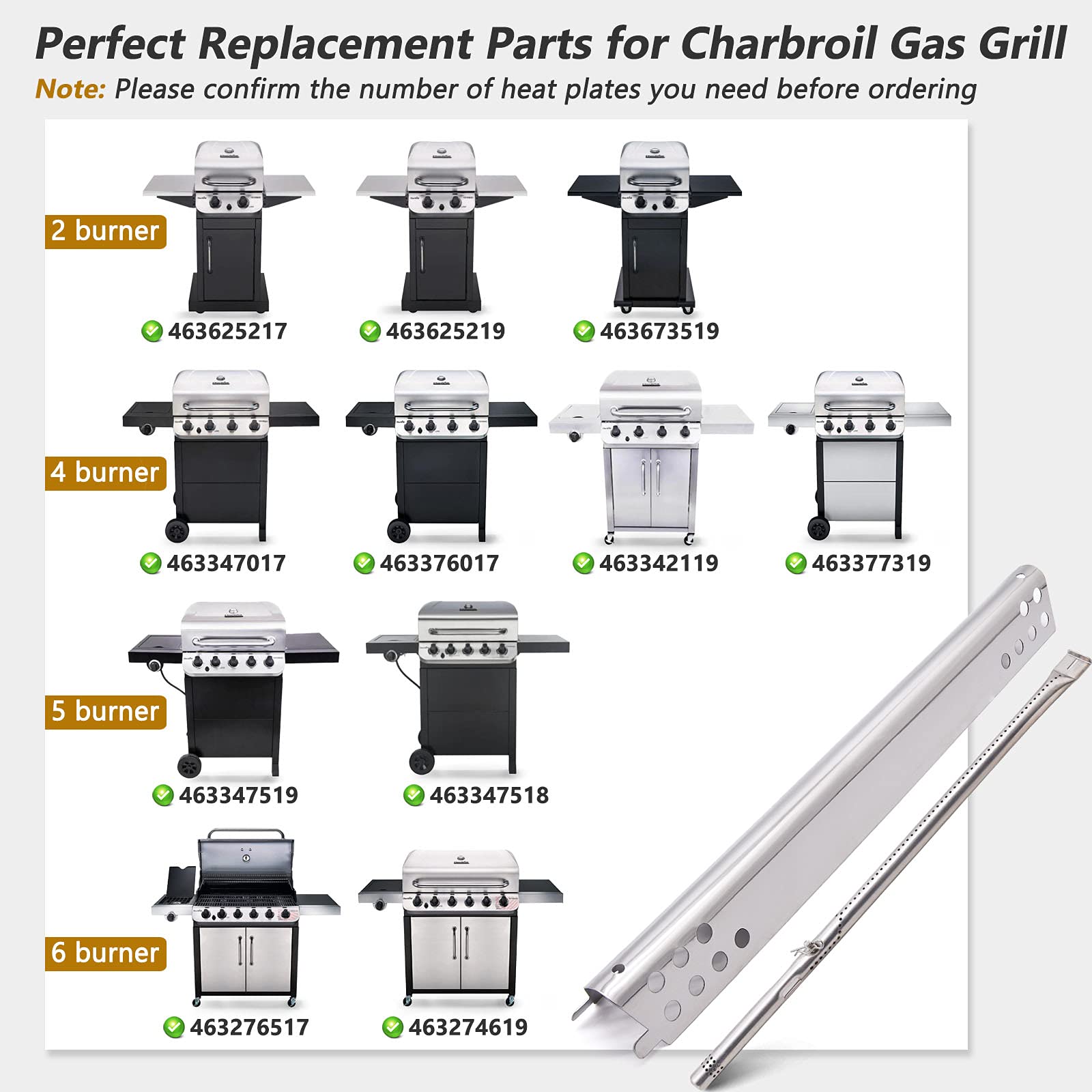 Criditpid Grill Replacement Parts for Charbroil Performance 2 Burner 463625217, 463625219, 463673519, 463673517, Grill Burner, Heat Tent Plate Shield, Carryover Tube.