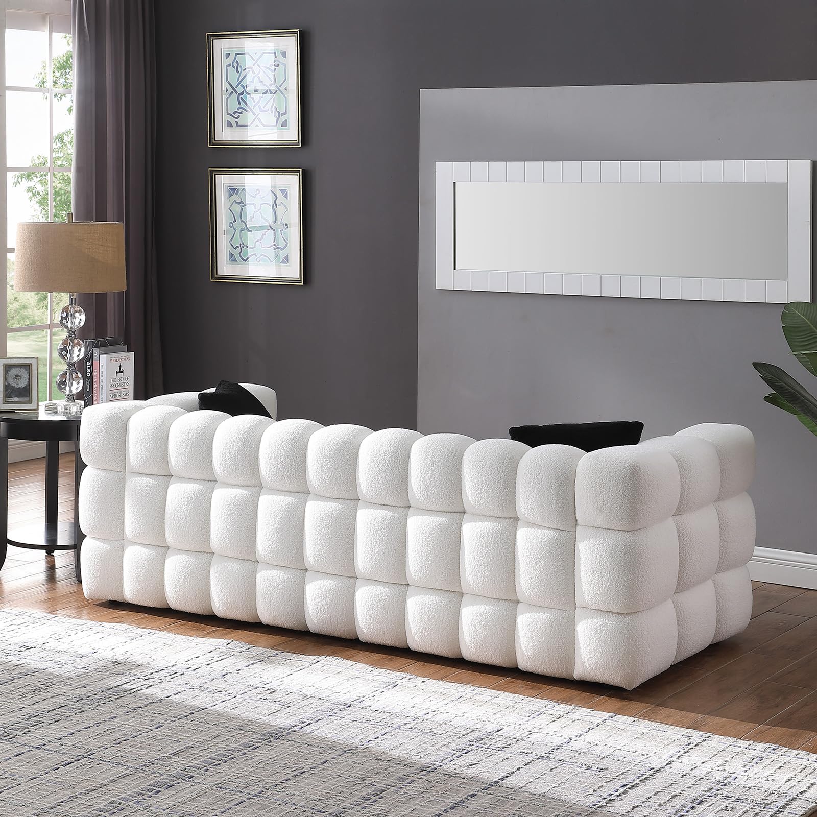 84.3" Cloud Couch, Mid Century Sleeper Sofa Modern Marshmallow Boucle Sofa Fabric Couches for Living Room with Plastic Legs Upholstered Tufted 3 Seater Sofa with 2 Pillows