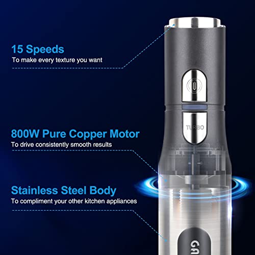 Gavasto Immersion Blender 800 Watts Scratch Resistant Hand Blender,15 Speed and Turbo Mode Hand Mixer, 3-in-1 Heavy Duty Copper Motor Stainless Steel Smart Stick with Egg Beaters and Chopper/Food Processor