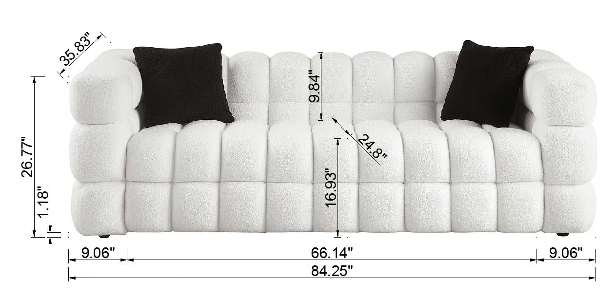 84.3" Cloud Couch, Mid Century Sleeper Sofa Modern Marshmallow Boucle Sofa Fabric Couches for Living Room with Plastic Legs Upholstered Tufted 3 Seater Sofa with 2 Pillows