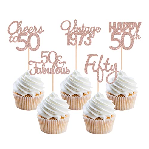 Gexolenu 30 pcs Happy 50th Birthday Rose Gold Double-Sided Cupcake Toppers Cheers to 50 Fabulous Cupcake Picks Fifty Vintage 1973 Cake Decorations for 50th Birthday Anniversary Party Supplies