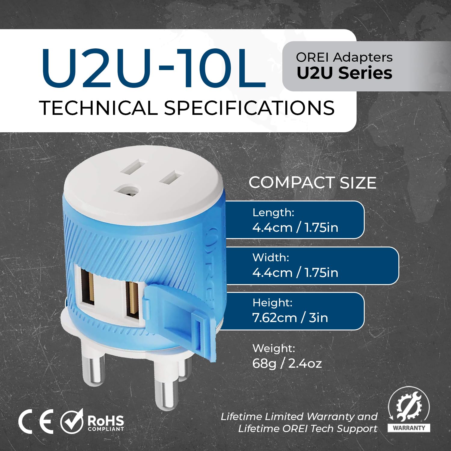 OREI South Africa, Botswana, Namibia Travel Plug Adapter with Dual USB - USA Input - Type M (U2U-10L), Will work with Cell Phones, Camera, Laptop, Tablets, iPad, iPhone