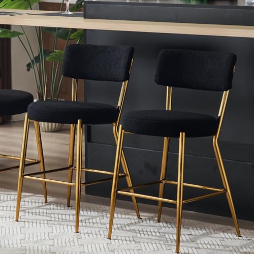 RIGHTPARTS Boucle Bar Stools Set of 2, 24 inch Modern Counter Height Bar Stools, Kitchen Island Stool Dining Chairs Tall Barstools with Backrest Fabric Upholstered Padded Metal Legs (2, Black 01)