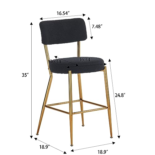 RIGHTPARTS Boucle Bar Stools Set of 2, 24 inch Modern Counter Height Bar Stools, Kitchen Island Stool Dining Chairs Tall Barstools with Backrest Fabric Upholstered Padded Metal Legs (2, Black 01)