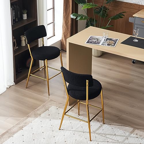 RIGHTPARTS Boucle Bar Stools Set of 2, 24 inch Modern Counter Height Bar Stools, Kitchen Island Stool Dining Chairs Tall Barstools with Backrest Fabric Upholstered Padded Metal Legs (2, Black 01)