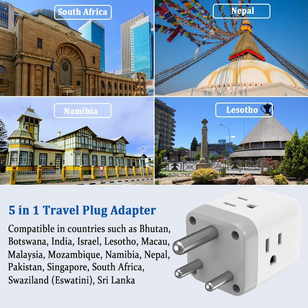 TESSAN South Africa Power Adapter, Type M Travel Adapter Plug with 3 US Outlets and 2 USB Ports, US to South Africa Plug Adapter Botswana - Safe Grounded