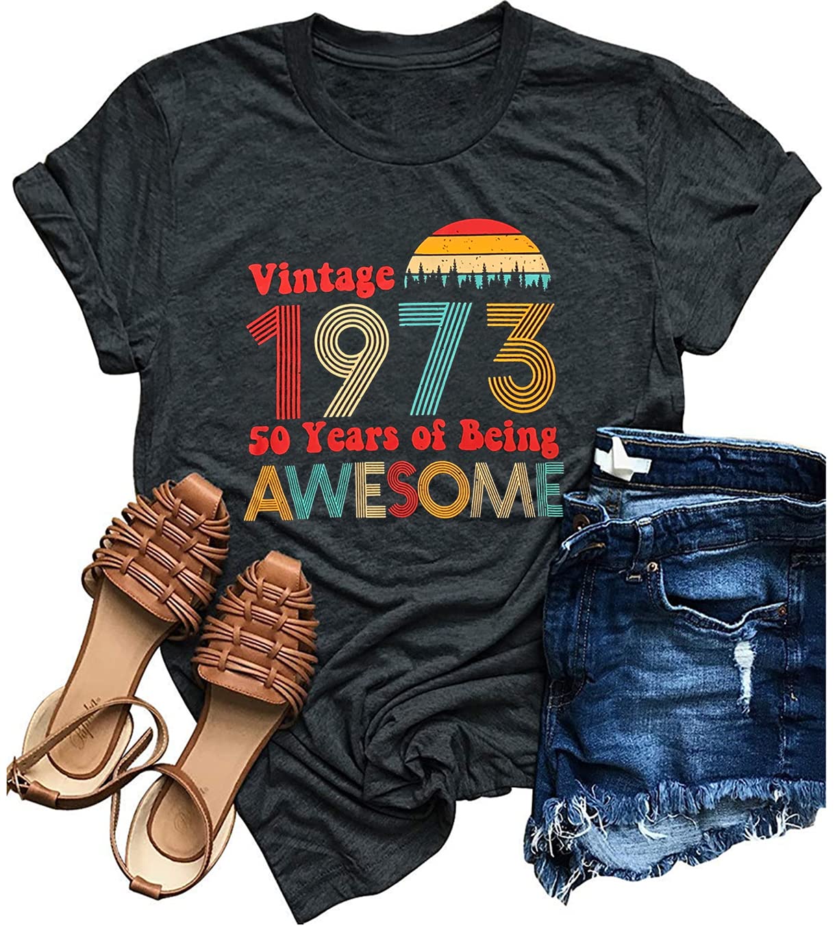 1973 Vintage T Shirts for Women 50th Birthday Gifts Shirts Vintage 1973 Original Parts Tshirts Retro Birthday Party Tops(Sun Grey, Small)