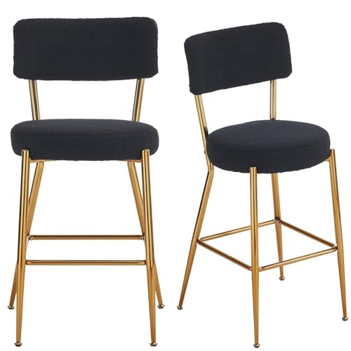 RIGHTPARTS Boucle Bar Stools Set of 2, 24 inch Modern Counter Height Bar Stools, Kitchen Island Stool Dining Chairs Tall Barstools with Backrest Fabric Upholstered Padded Metal Legs (2, Black 01)