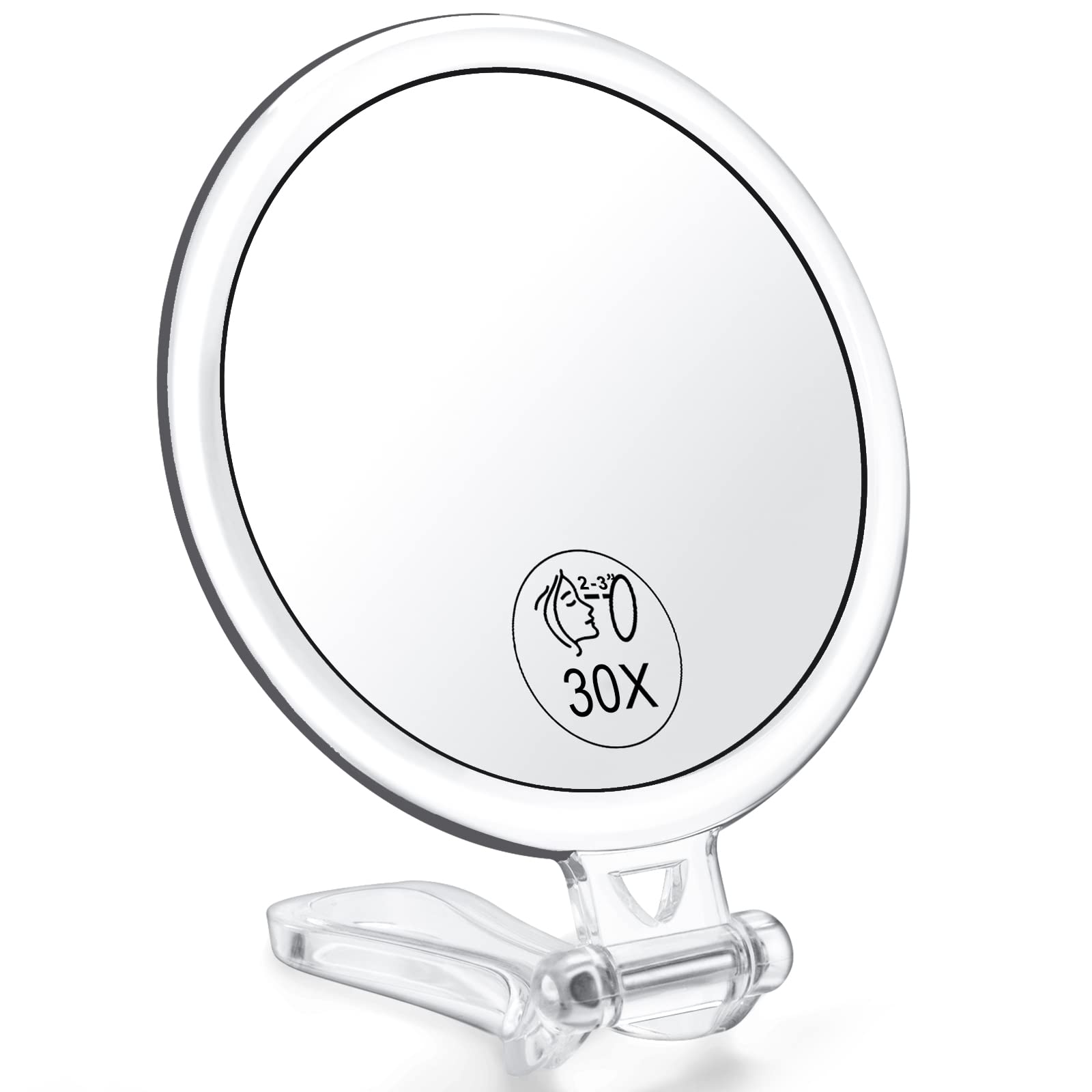 AMISCE 30x Magnifying Handheld Mirror, 2-Sided with Adjustable Stand, Portable, Acrylic Frame, 5'' Diameter, Perfect for Makeup, Shaving, Deep Cleaning
