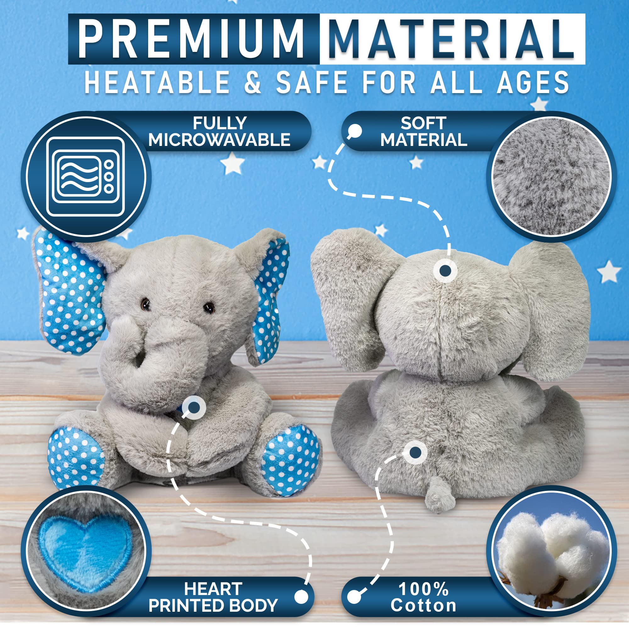 Lil Snuggers Warm and Snuggly, Lavender Scented Stuffed Animal, Elephant Male with Blue Accents
