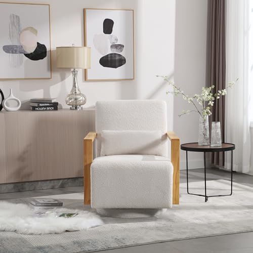 30.5" W Swivel Modern Boucle Upholstered Accent Chair with Solid Wood Armrests, Comfy Lounge Reading Chair, Side Armchair for Hotel Bedroom Living Room Office Nursery Room (Ivory)