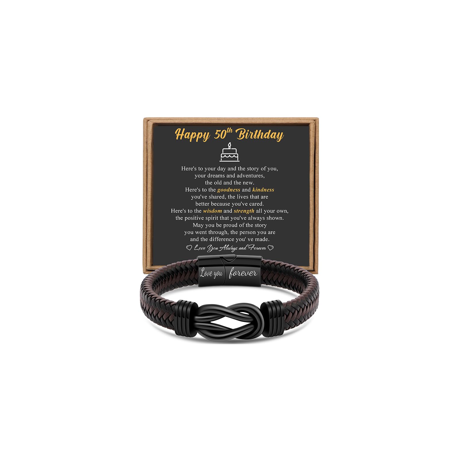 Happy Birthday Cool Gifts for Mens Brown Leather Braided Bracelets for Dad Grandpa Brother Birthday Decorations Gifts for Him Stainless Steel Clasp Man Jewelry 7.5 Inches