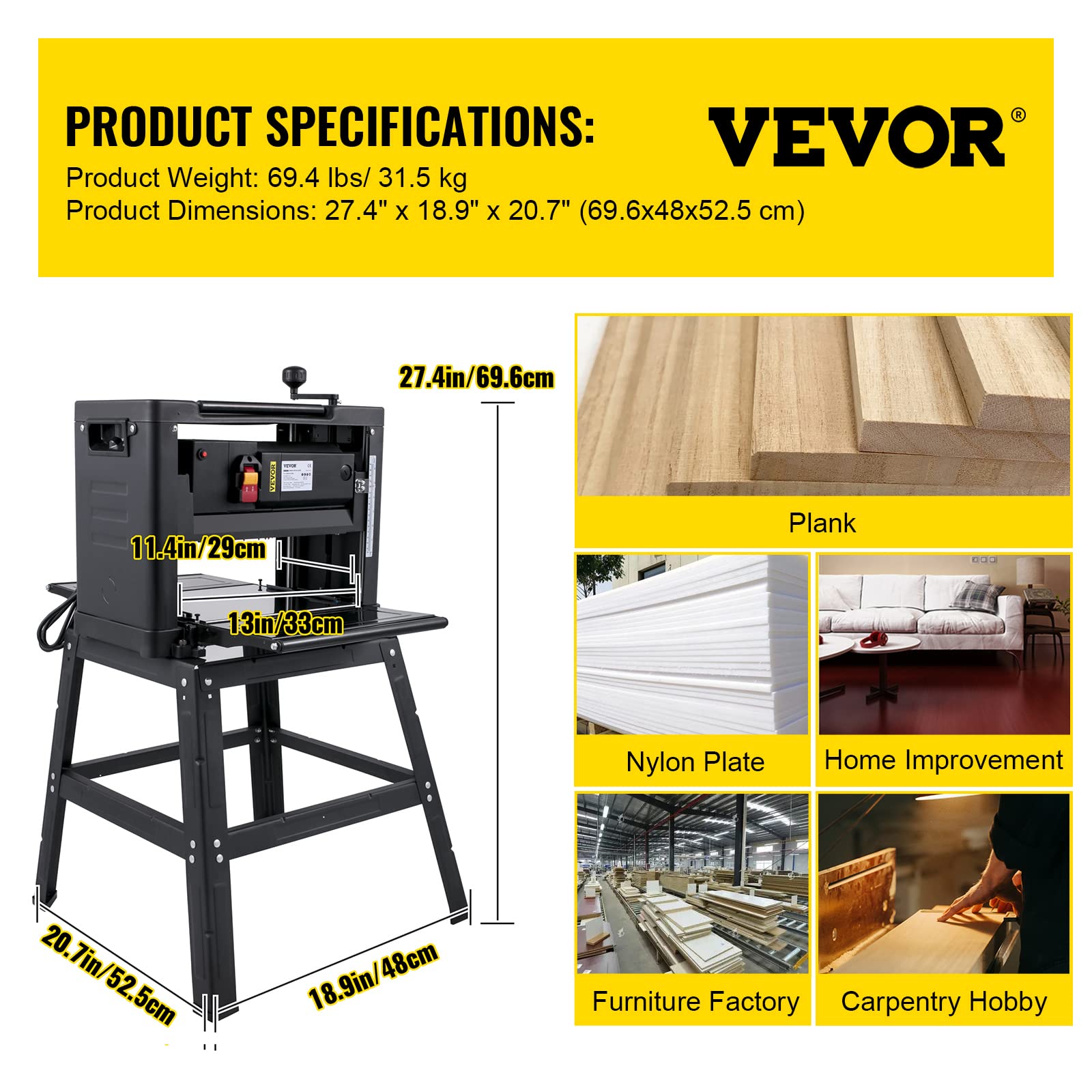 Mophorn Thickness Planer, 13" Width, 8000 RPM Worktable Benchtop Planer, 15Amp 1800W Powerful Motor, 6m/min Feeding Speed 0.2"-6.3"Cutting Thickness Planer, w/Iron Stand Dust Exhaust for Woodworking