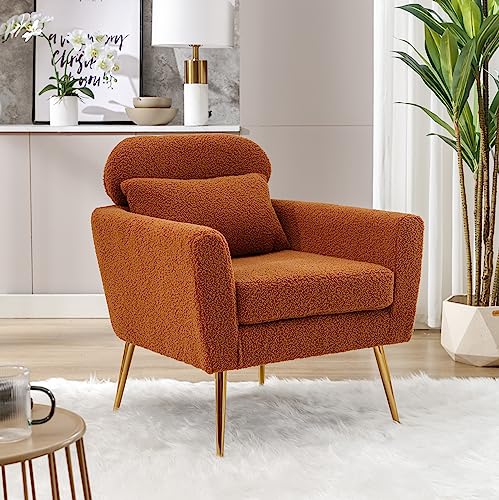 HomSof 29.5"W Modern Boucle Accent Chair Armchair Upholstered Reading Chair Single Sofa Leisure Club Chair with Gold Metal Leg and Throw Pillow for Living Room Bedroom Dorm Room Office, Caramel Boucle