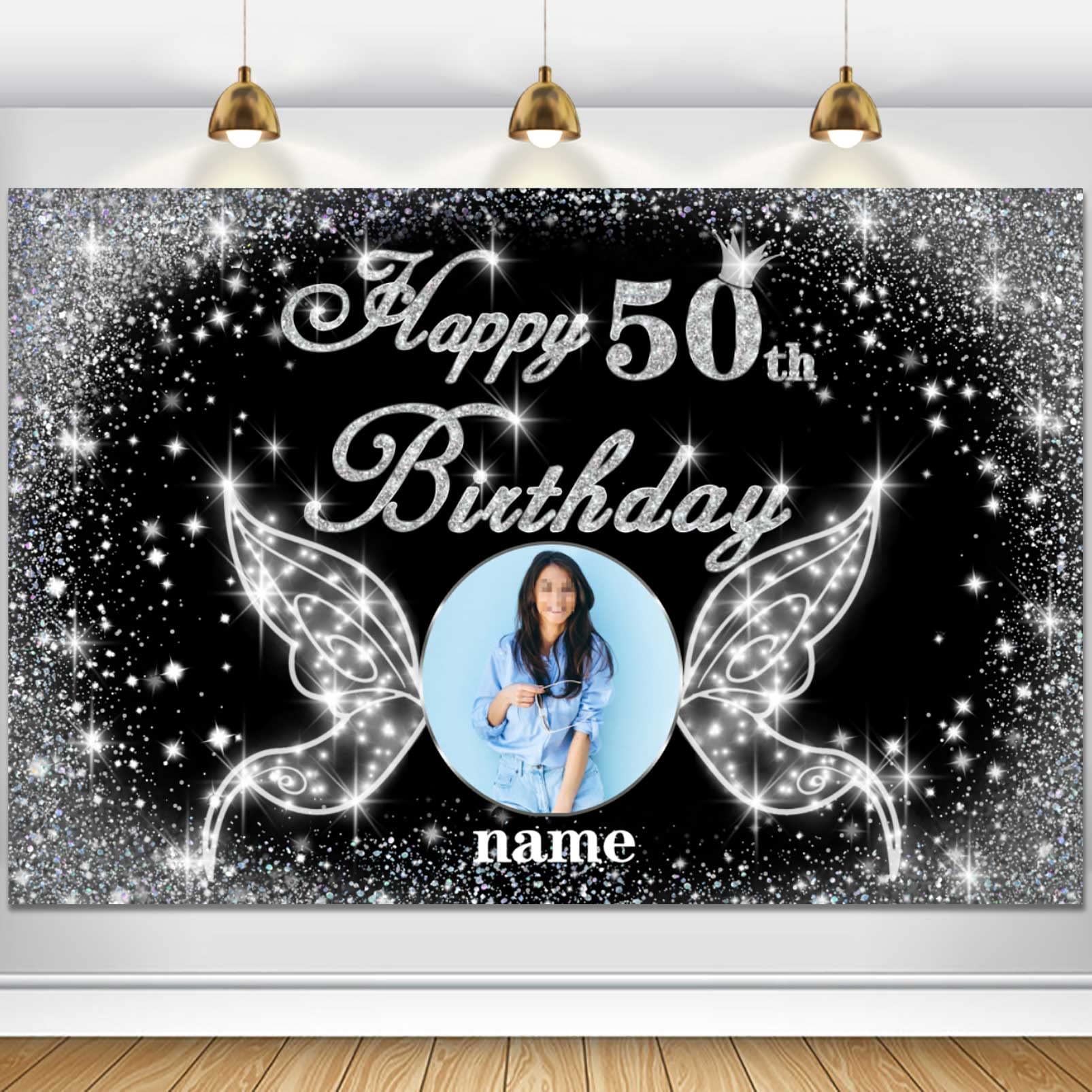 Custom Happy 50th Birthday Party Decoration Banner - Angel Wings Theme - Black and Silver