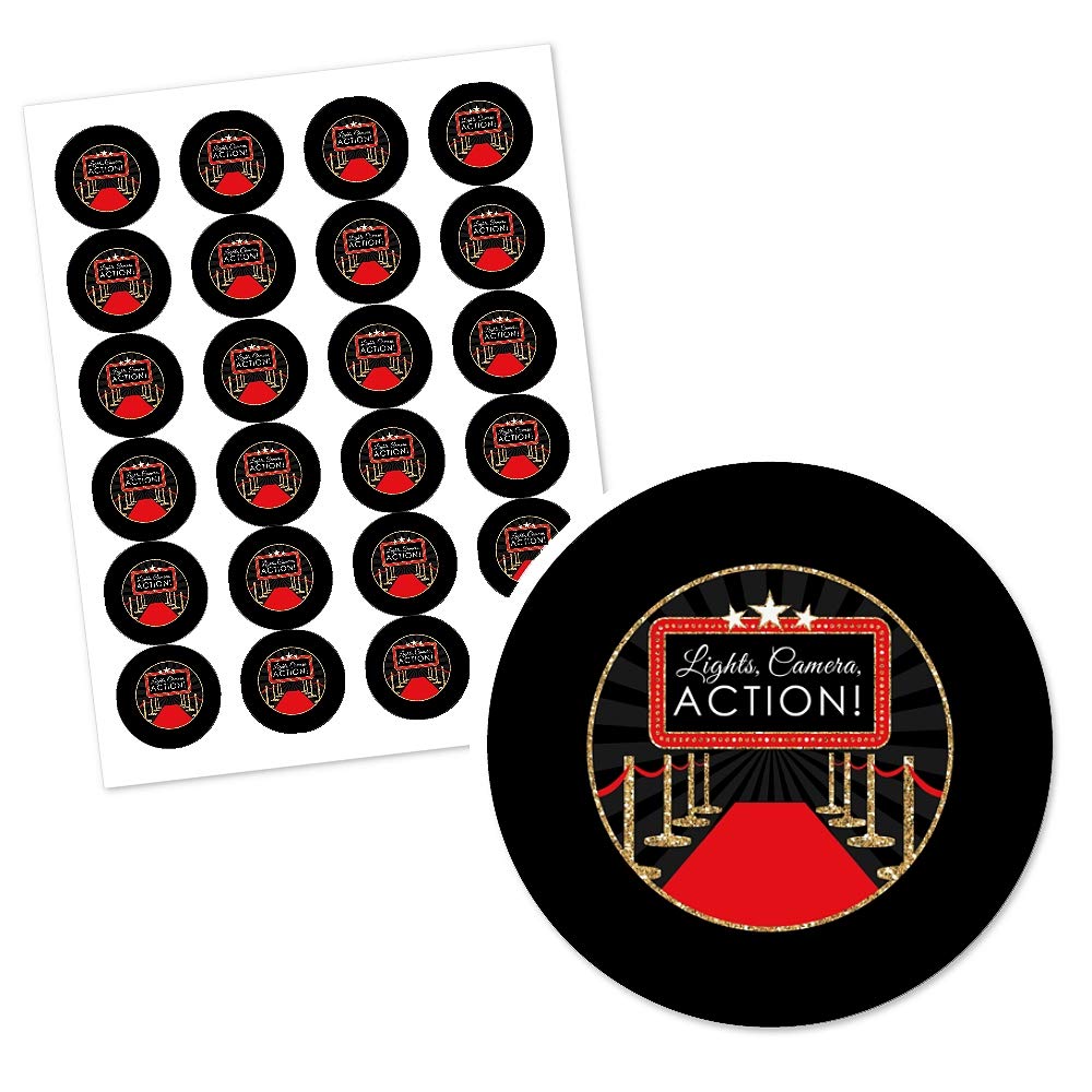 Big Dot of Happiness Red Carpet Hollywood - Movie Night Party Circle Sticker Labels - 24 Count