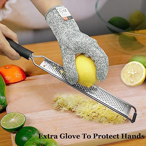 Sunivaca Lemon Zester Tool, Zester Grater with Handle, Citrus Zester, Parmesan Cheese Grater Handheld - Sharp Premium Stainless Steel Fine Blade Extra Long Size with HPPE Resistant Cut Glove