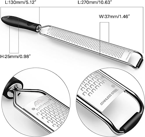 Sunivaca Lemon Zester Tool, Zester Grater with Handle, Citrus Zester, Parmesan Cheese Grater Handheld - Sharp Premium Stainless Steel Fine Blade Extra Long Size with HPPE Resistant Cut Glove