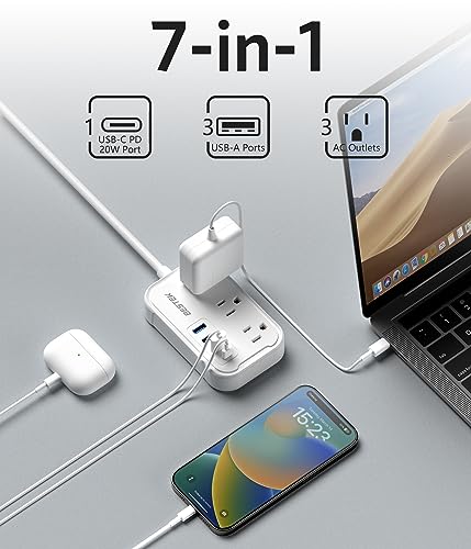 BESTEK Travel Power Strip, Cruise Ship Essentitals with USB C,Flat Plug Extension Cord with 3 Outlets 4 USB Ports(1 PD20W),5 ft Desk Wall Outlets Extender,Non Surge Protector for Cruise