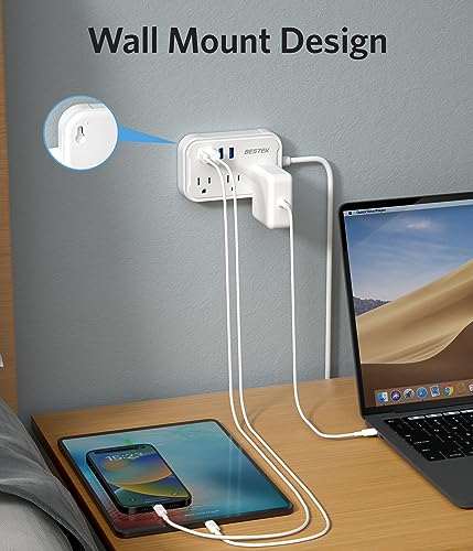 BESTEK Travel Power Strip, Cruise Ship Essentitals with USB C,Flat Plug Extension Cord with 3 Outlets 4 USB Ports(1 PD20W),5 ft Desk Wall Outlets Extender,Non Surge Protector for Cruise