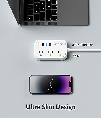 BESTEK Travel Power Strip, Cruise Ship Essentitals with USB C,Flat Plug Extension Cord with 3 Outlets 4 USB Ports(1 PD20W),5 ft Desk Wall Outlets Extender,Non Surge Protector for Cruise