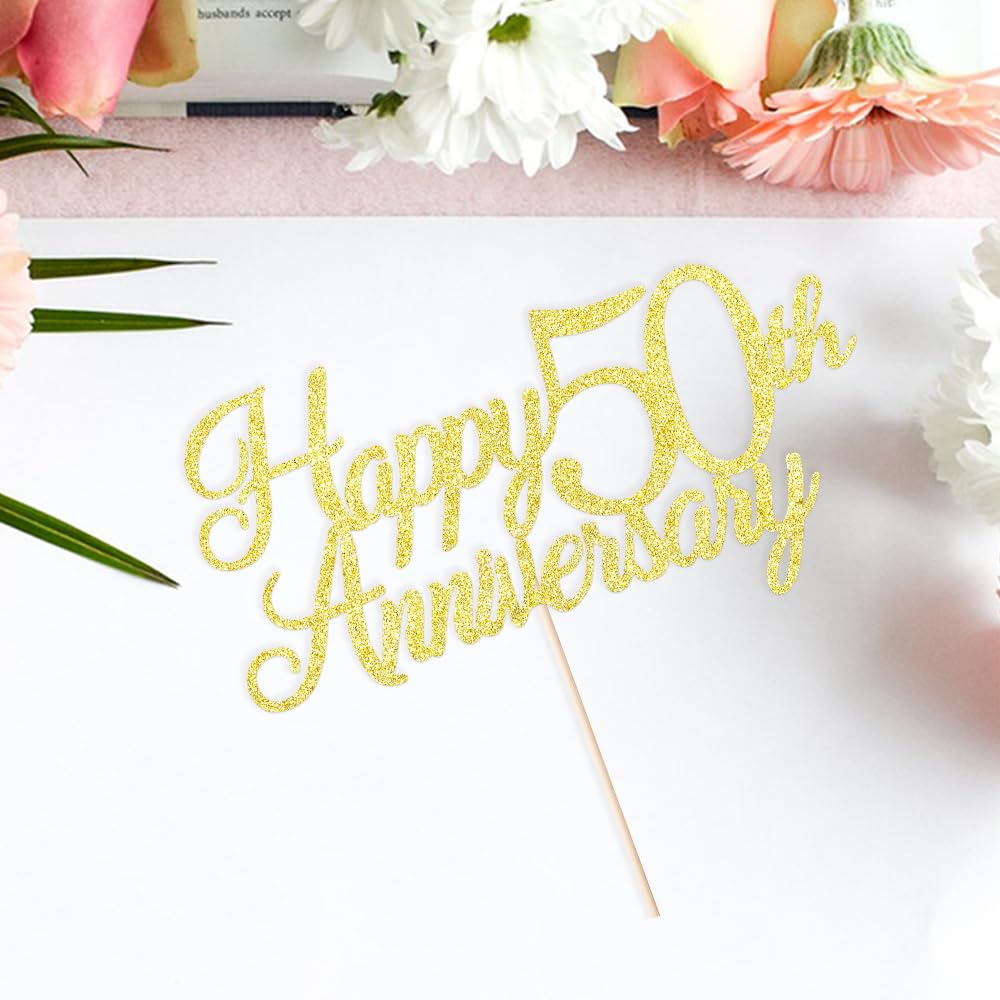 Auteby Happy 50th Anniversary Cake Topper, Gold Glitter 50th Birthday/Wedding Anniversary Party Decoration Supplies (50)