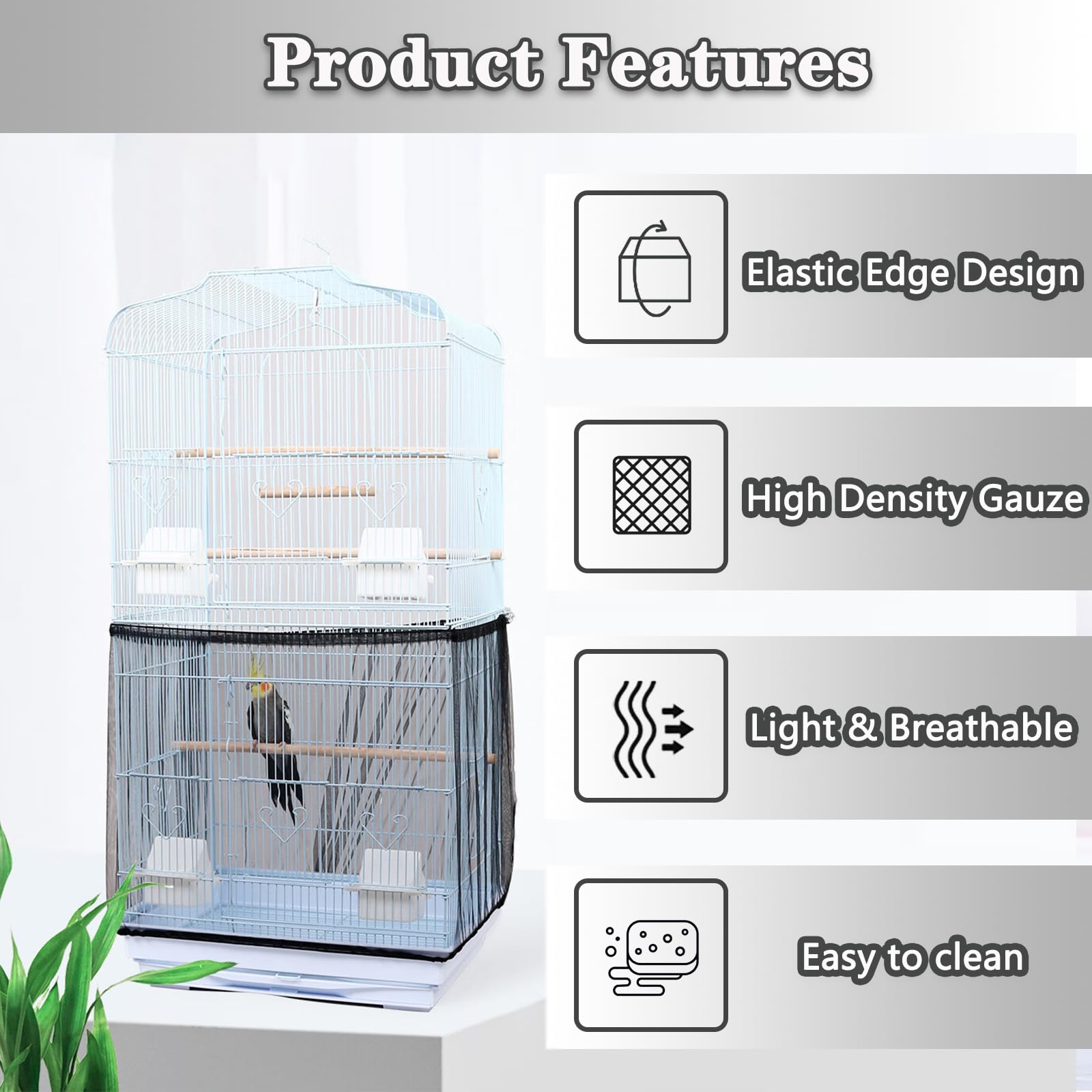 Bird Cage Seed Catcher, Bird Cage Net Cover Adjustable Bird Cage Netting Seed Catcher for Bird Cages Seed Catcher Guard Net Cover Bird Cage Skirt for Parrot Parakeet Macaw Round Square Cages - Black