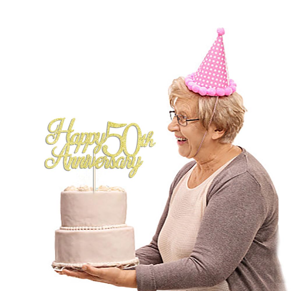 Auteby Happy 50th Anniversary Cake Topper, Gold Glitter 50th Birthday/Wedding Anniversary Party Decoration Supplies (50)