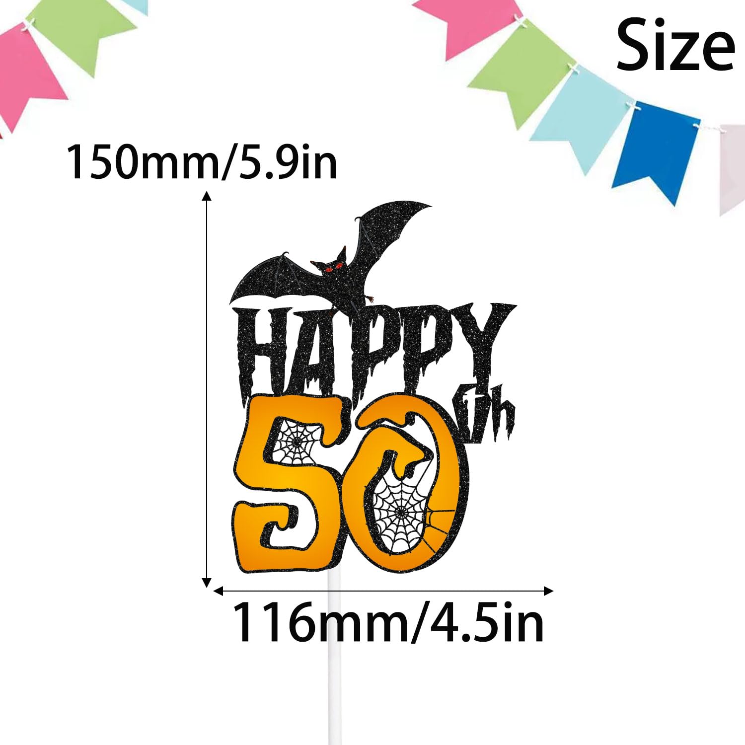 Halloween Theme 50th Happy Birthday Cake Topper - Halloween Theme Birthday Party, Halloween Bat Theme Anniversary Party, Spooky Spider Bat Decoration - LIANGSS