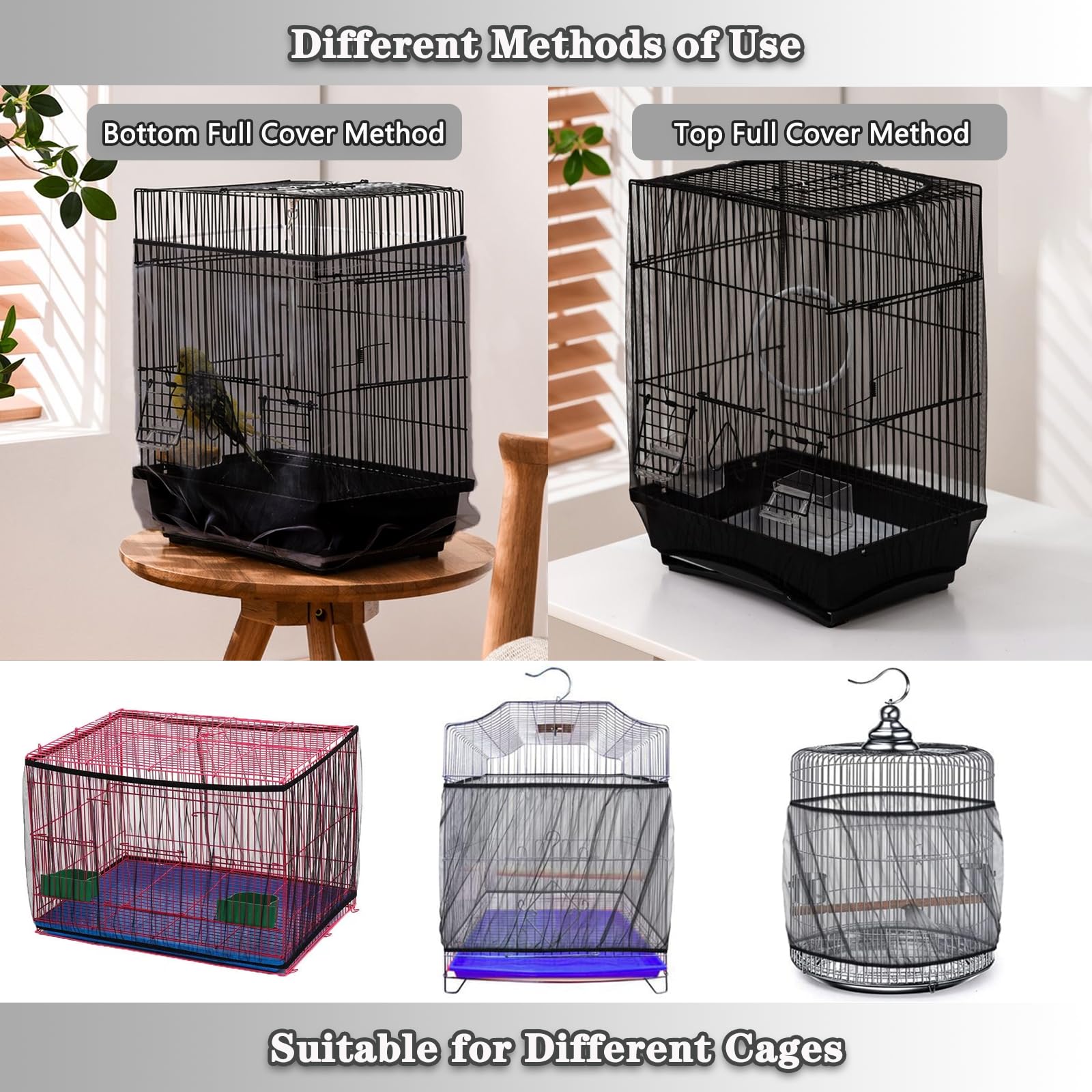 Bird Cage Seed Catcher, Bird Cage Net Cover Adjustable Bird Cage Netting Seed Catcher for Bird Cages Seed Catcher Guard Net Cover Bird Cage Skirt for Parrot Parakeet Macaw Round Square Cages - Black