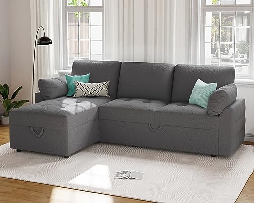 papababe Convertible Sofa Bed, Modern Tufted Sleeper Sofa, Pull Out Couch Bed with Chaise, Sleeper Sectional Sofa for Living Room (Boucle Grey)